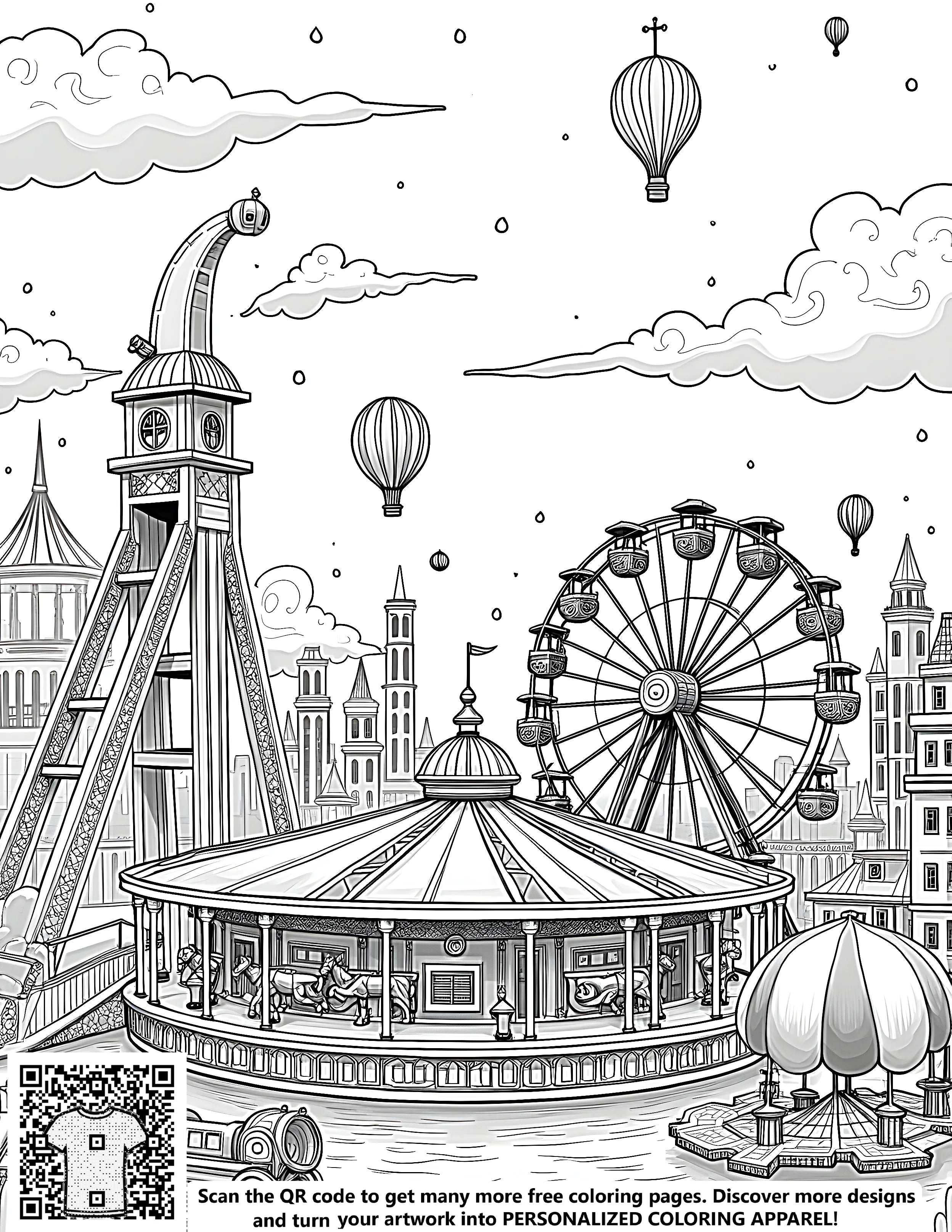 FREE Amusement Park Coloring Page - Whimsical Carousel & Ferris Wheel ...