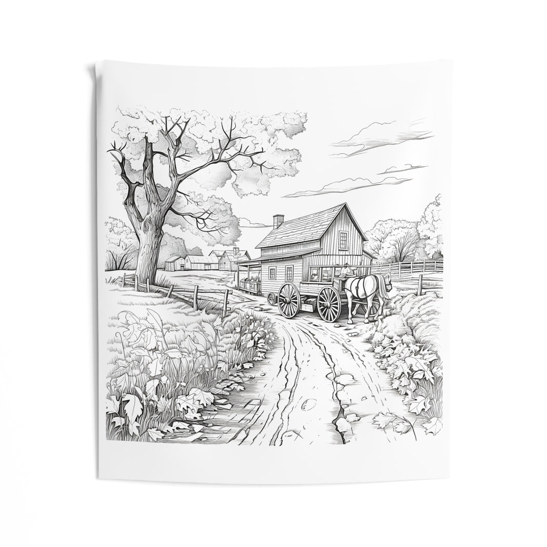 FREE Farmhouse Sketch Coloring Page - Printable Rural Scene with Horse ...