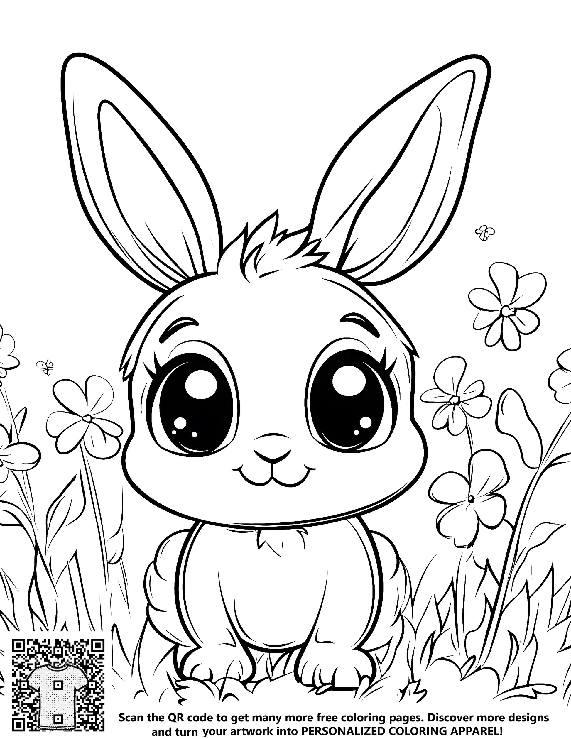 FREE Bunny Coloring Page - Cute Bunny with Flowers and Grass - Downloa ...