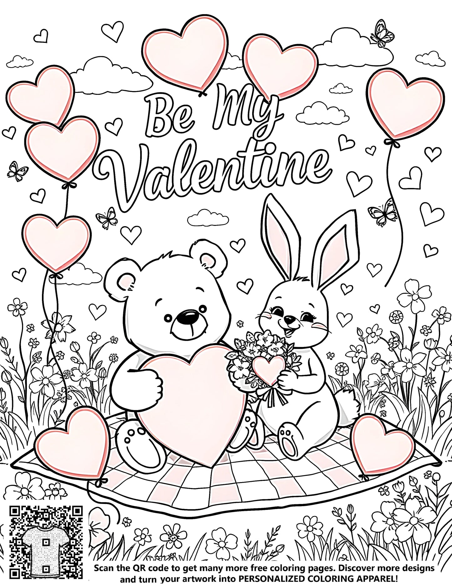 FREE Be My Valentine Coloring Page - Cute Bear and Rabbit Picnic Print ...