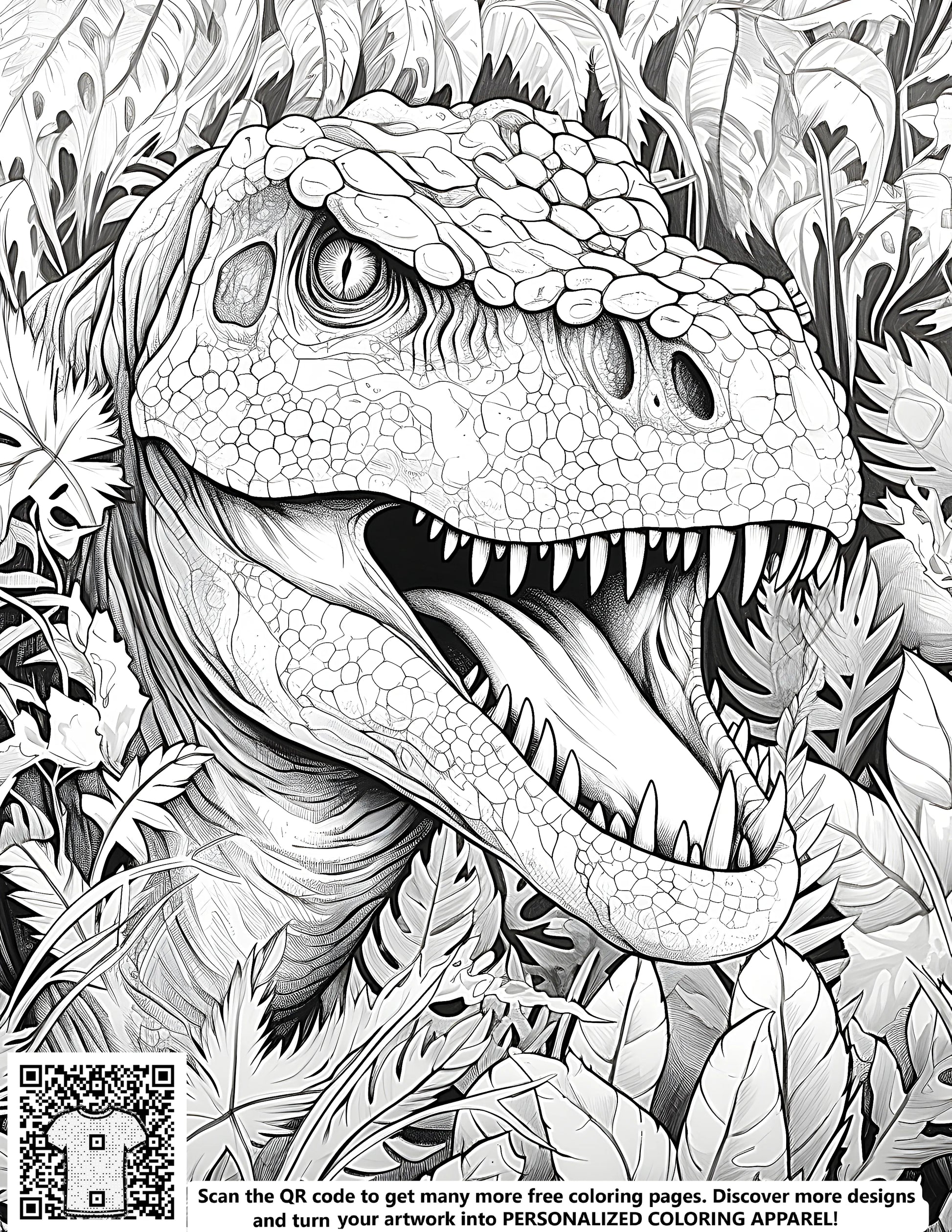 FREE Tyrannosaurus Rex Coloring Page - Printable Jungle Leaves Downloa ...
