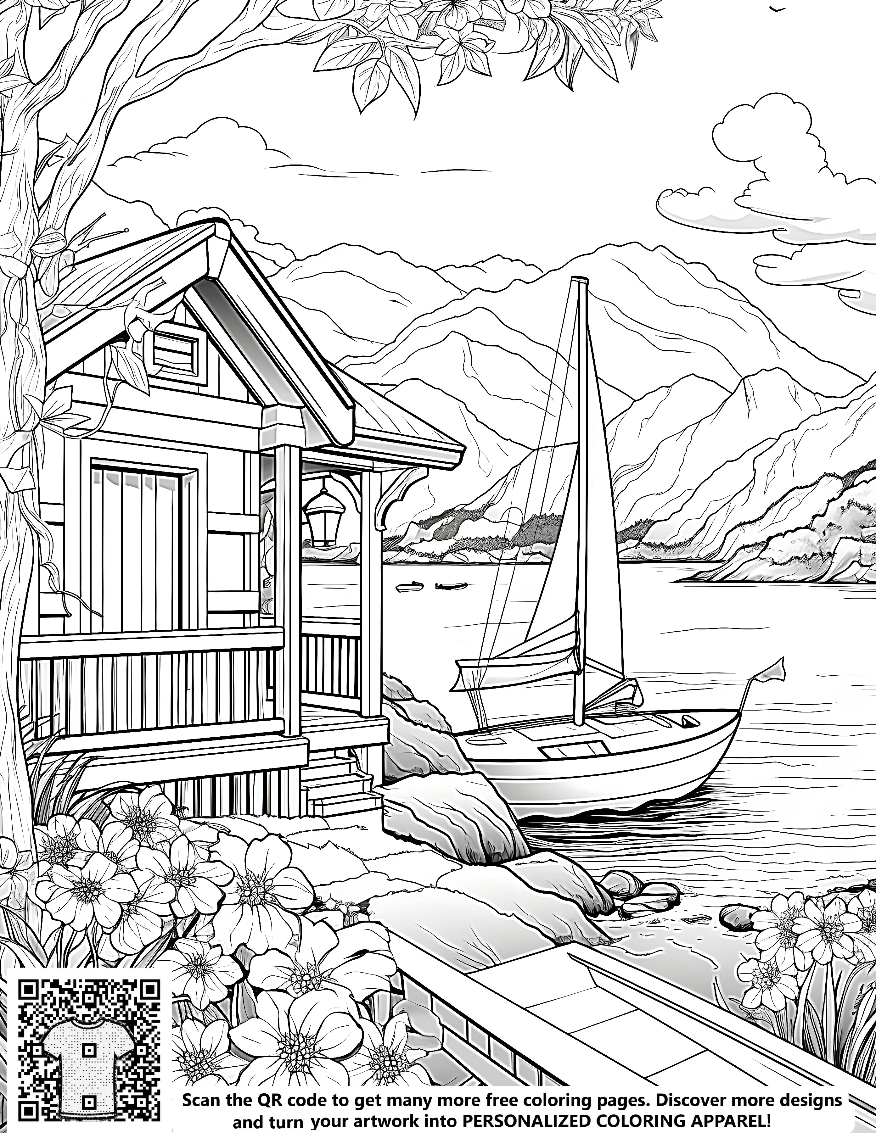 FREE Lake House Coloring Page with Sailboat and Mountains - Printable ...