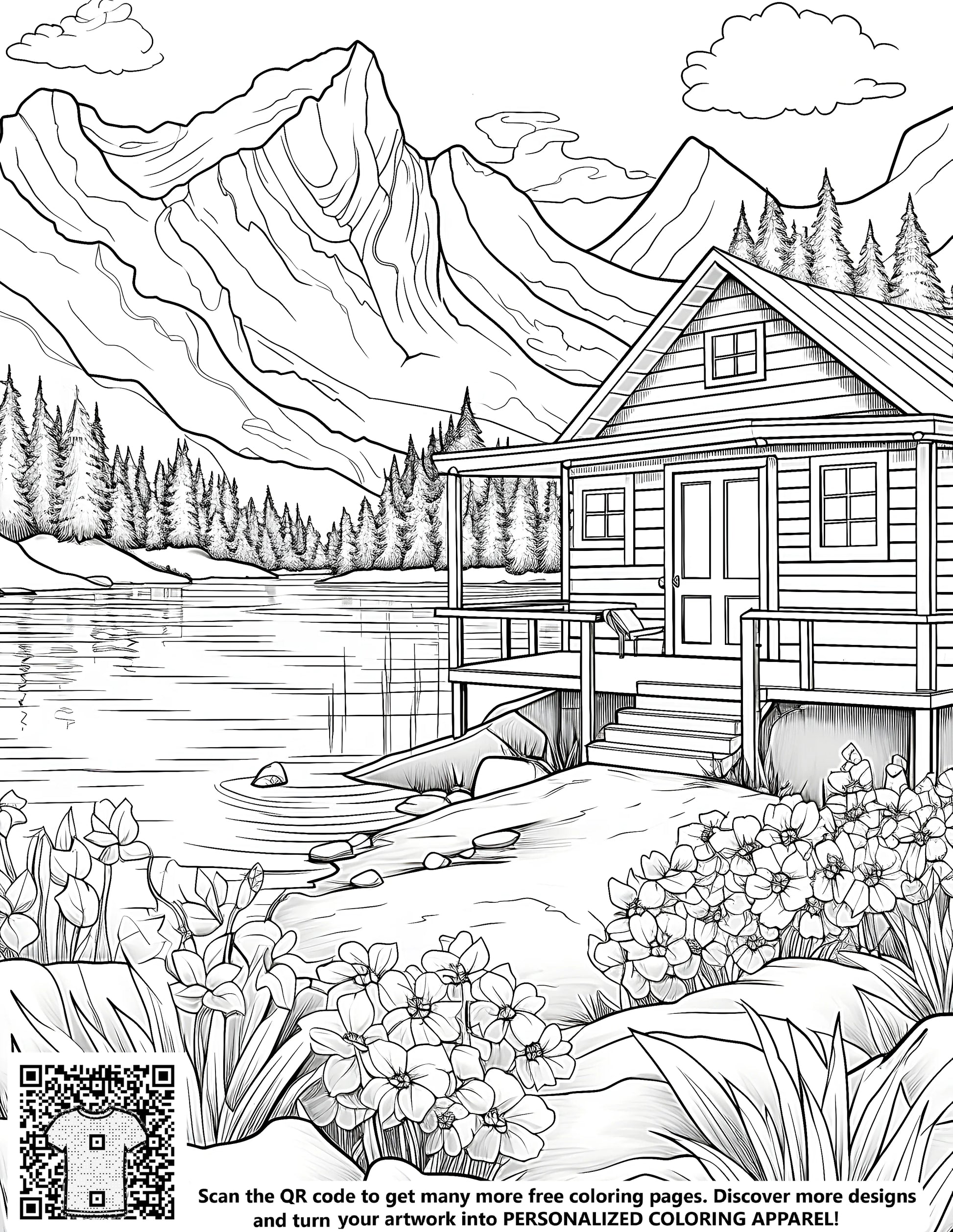 FREE Tranquil Cabin by the Lake Coloring Page Download – Davinci in You