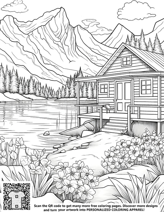 FREE Tranquil Lake Cabin Coloring Page Download ⛰️ – Davinci in You