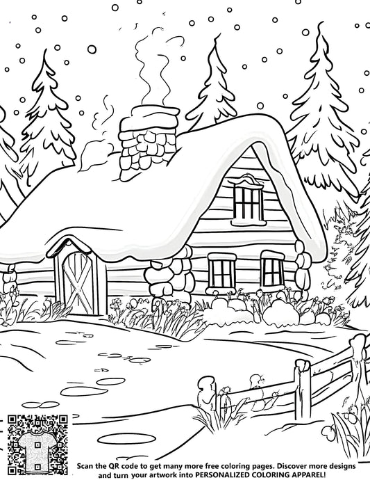 FREE Winter Cottage Coloring Page - Cozy Snowy Landscape Printable Dow ...