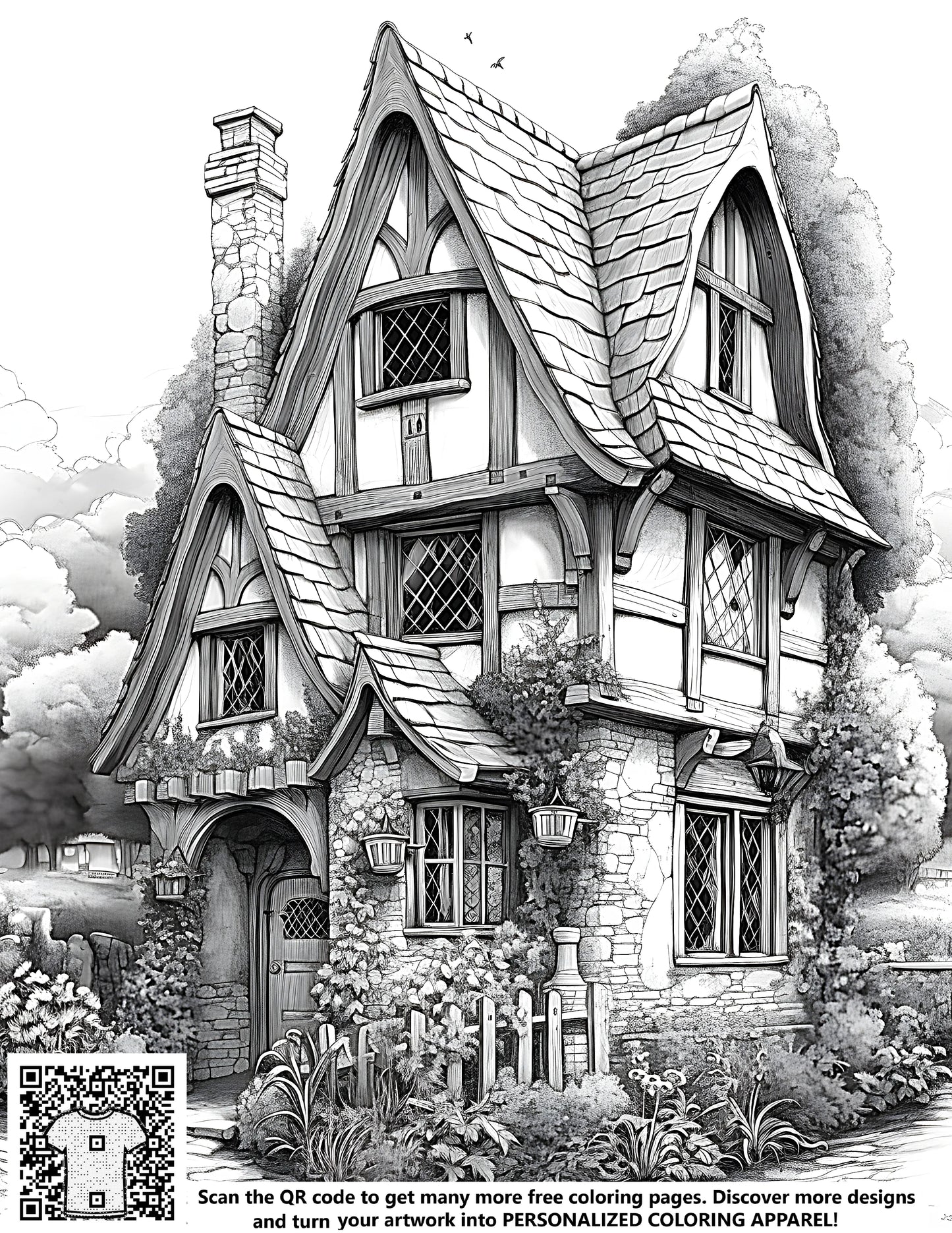 FREE Cottage Coloring Page - Printable Grayscale Drawing of Quaint Cot ...