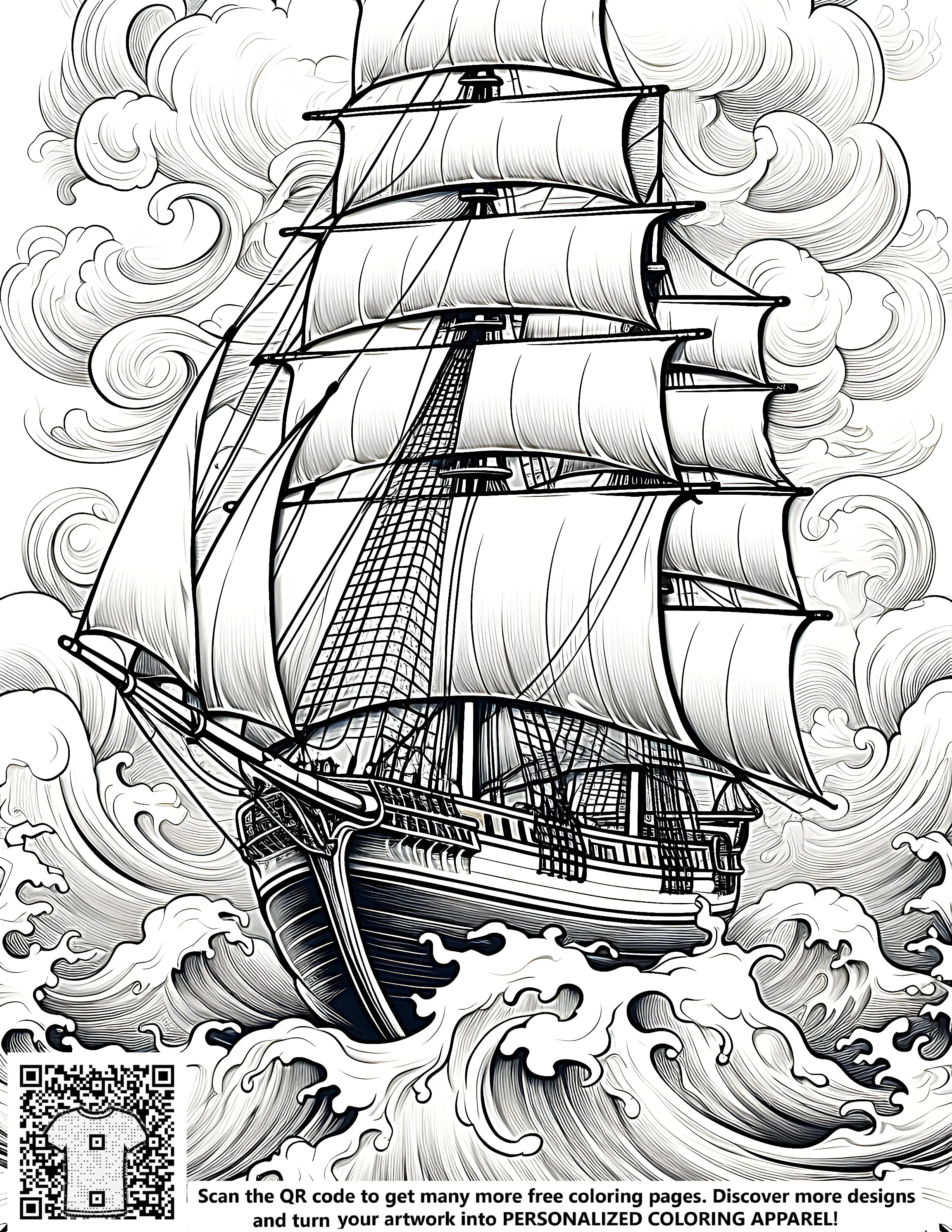 FREE Sailing Ship Coloring Page - Printable Intricate Stormy Waves Ill ...