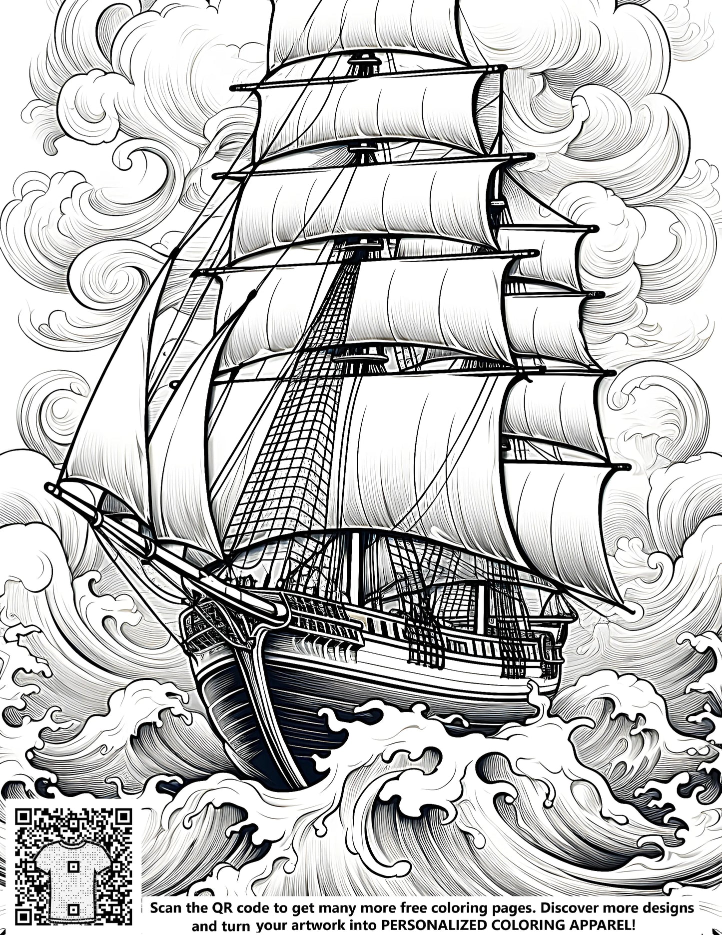 FREE Sailing Ship Coloring Page - Printable Intricate Stormy Waves Ill ...