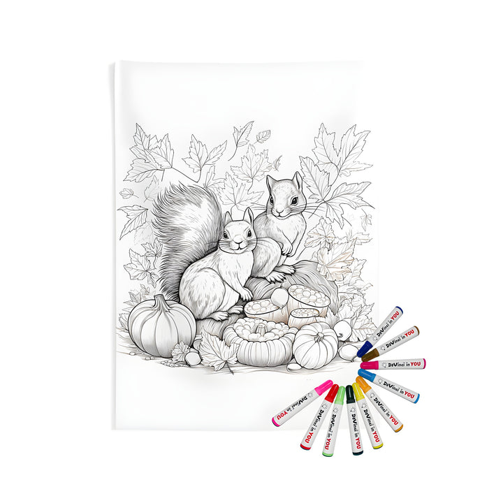 FREE Coloring Page - Two Squirrels with Autumn Leaves and Pumpkins - D ...