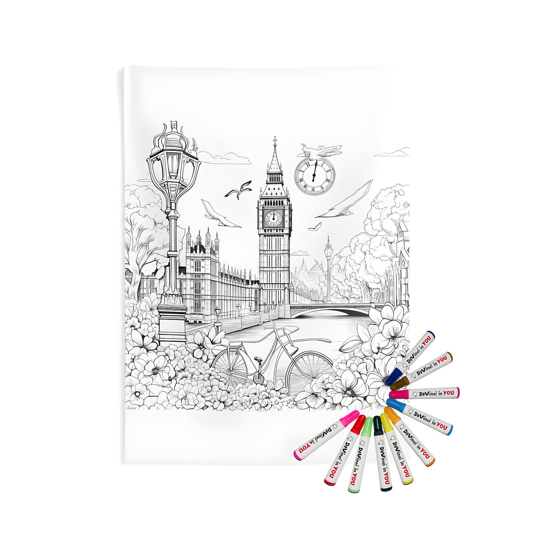 FREE Big Ben London Coloring Page with Flowers Bicycle and Birds - Pri ...
