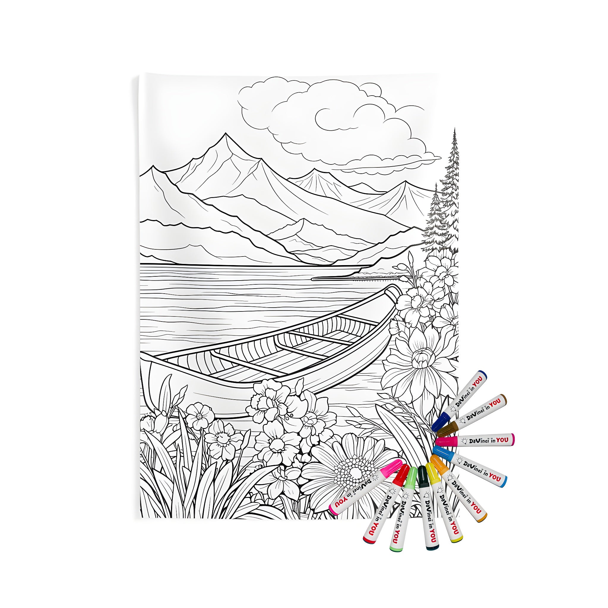 FREE Mountain Lake Coloring Page with Boat and Flowers - Download NOW ...